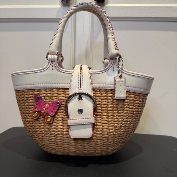 Coach | Bags | Coach Wicker Basket Purse White Leather Pink Interior ...